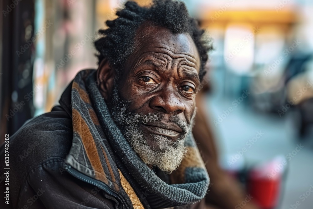 Portrait of old African American homeless man sitting on street ...