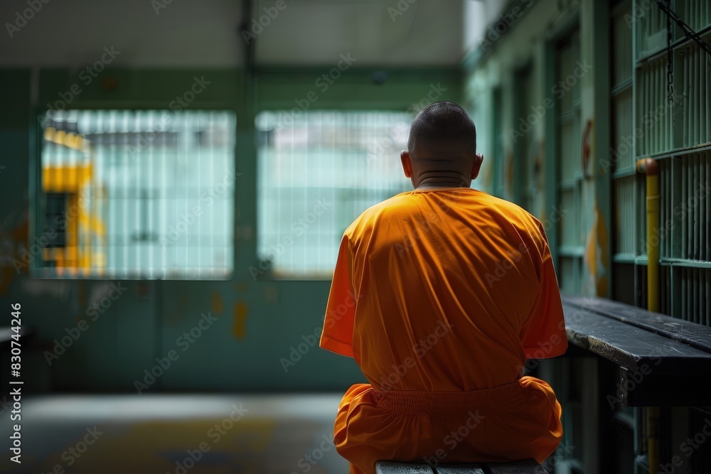 a man dressed in orange sits alone on a prison cell bench, his back ...