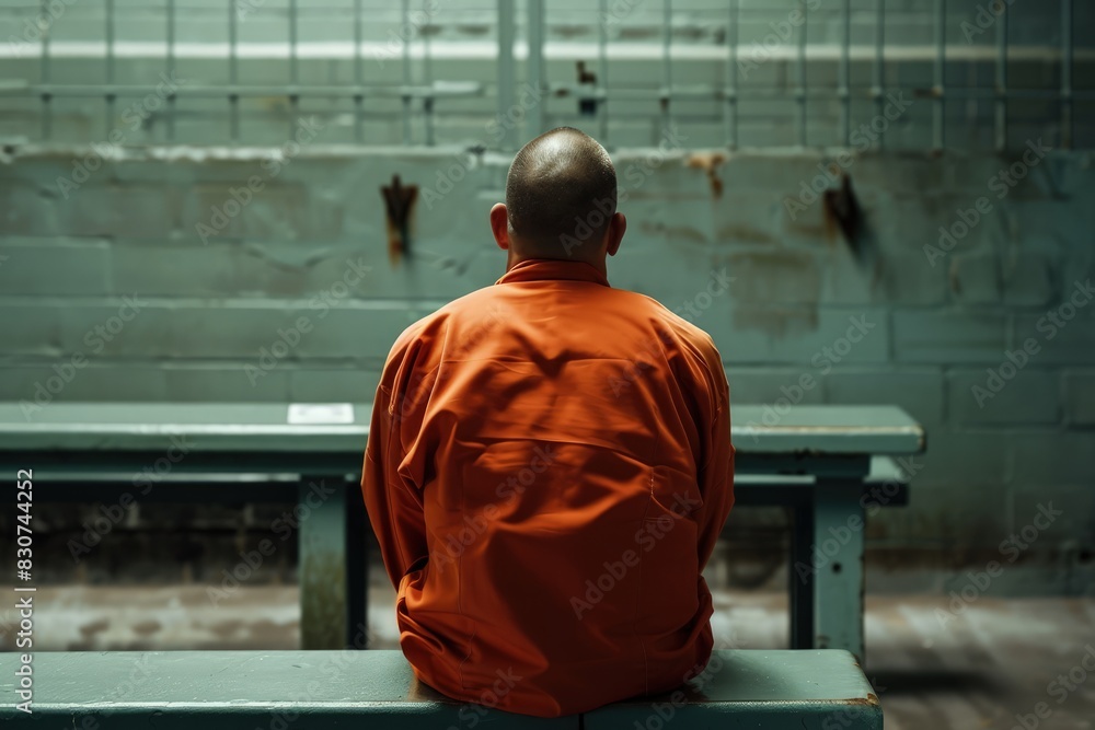 a man dressed in orange sits alone on a prison cell bench, his back ...