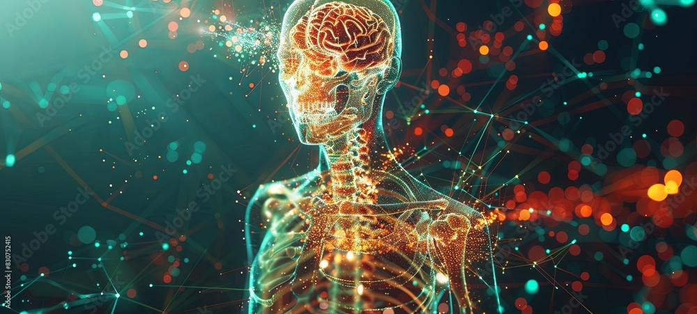 Colorful animation of the human body with infographics and particles ...