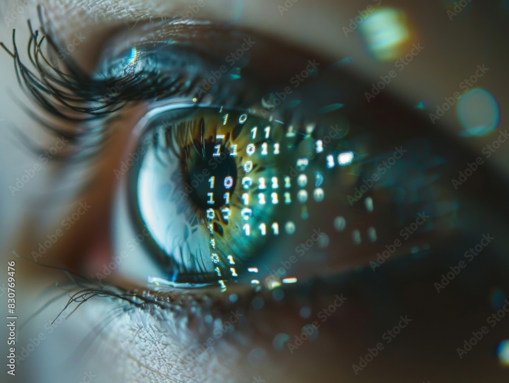Person's eyes with reflection of binary code It symbolizes the ...