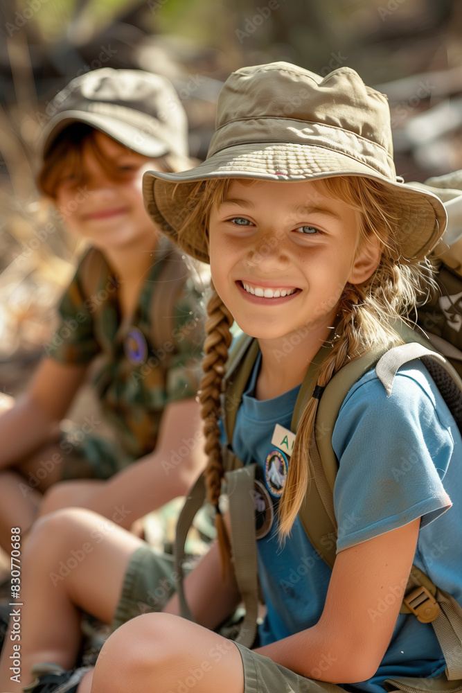 Girl and boy scouts sitting on the ground in summer camp. Young ...