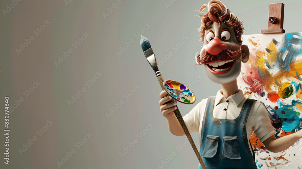 3D Artist:The cartoon artist mascot holds a paintbrush and palette ...