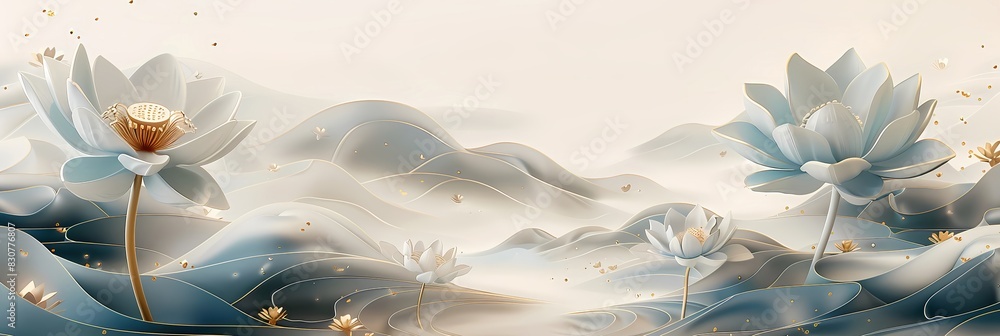 Asian background with blue and gold lotus flower, leaves and buds ...