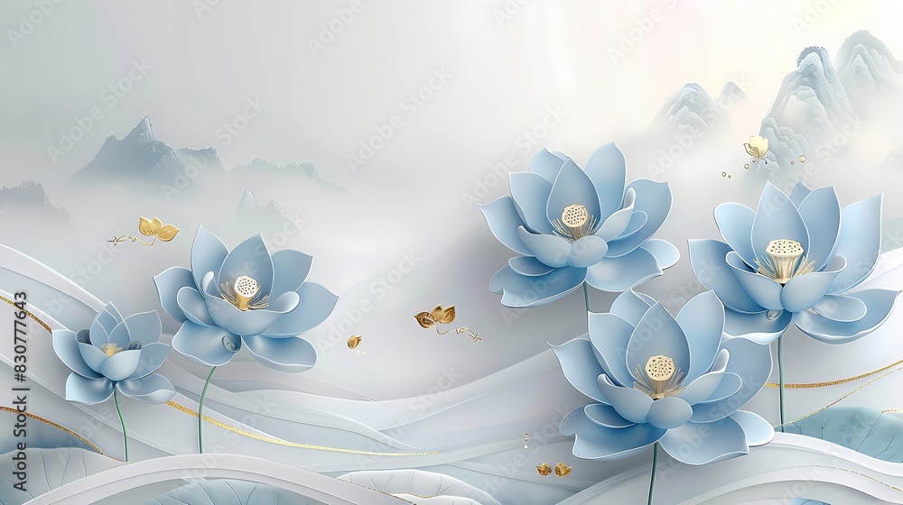 Asian background with blue and gold lotus flower, leaves and buds ...