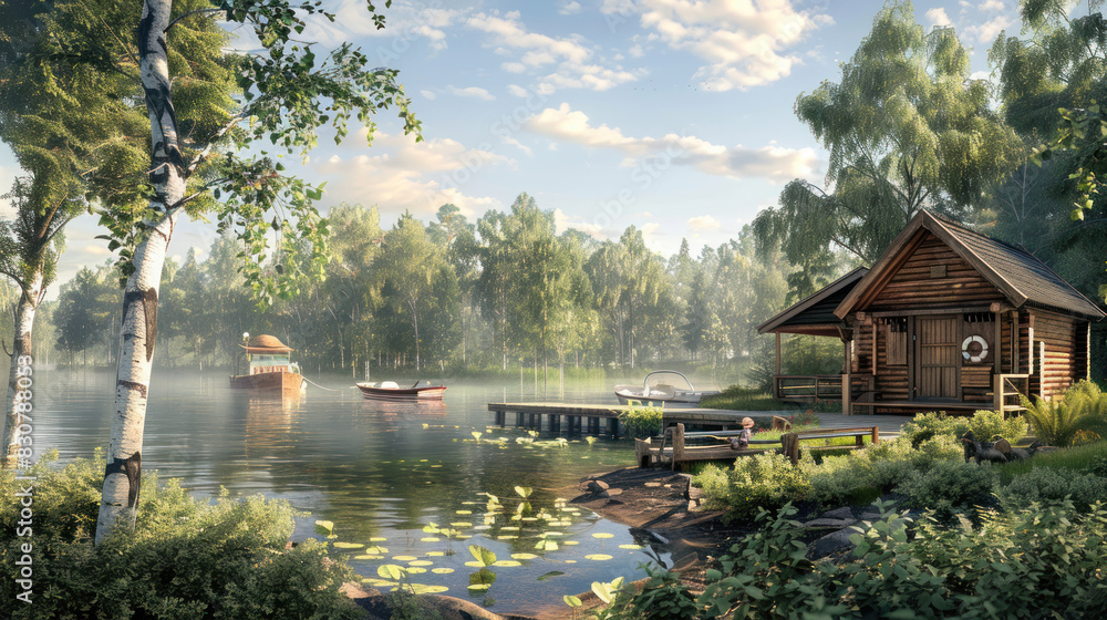 A traditional wooden hut housing a Finnish sauna, nestled by a serene ...