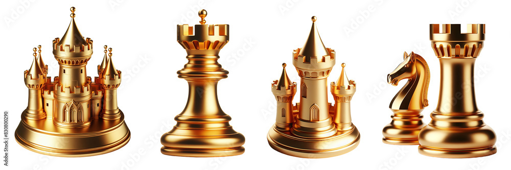 golden rook castle chess piece Set standing alone on a transparent ...