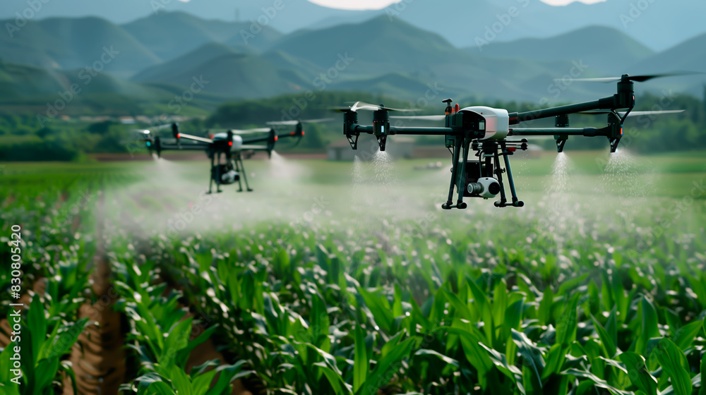 Agricultural drones spraying pesticide over a green field with ...
