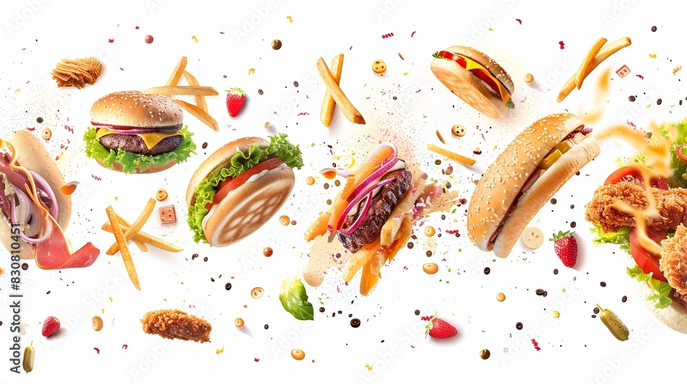 flying fast food dishes isolated on white abstract background. floating ...