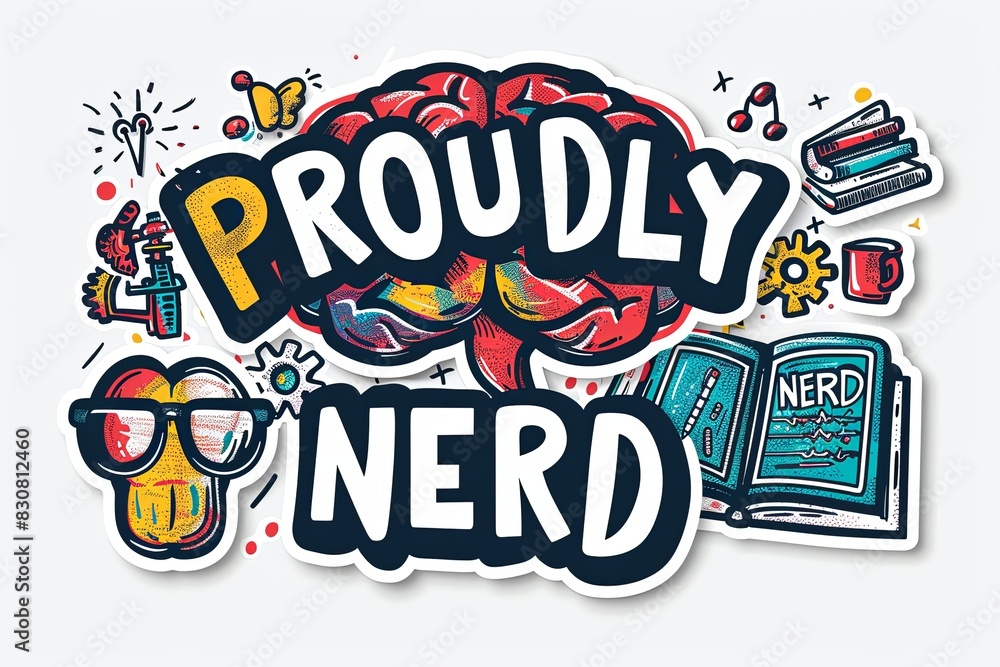 "PROUDLY NERD", sticker, with a pair of glasses and a book or a brain ...