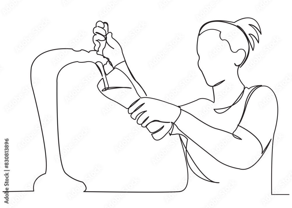 continuous single drawn one line girl bartender pours beer drawn from ...