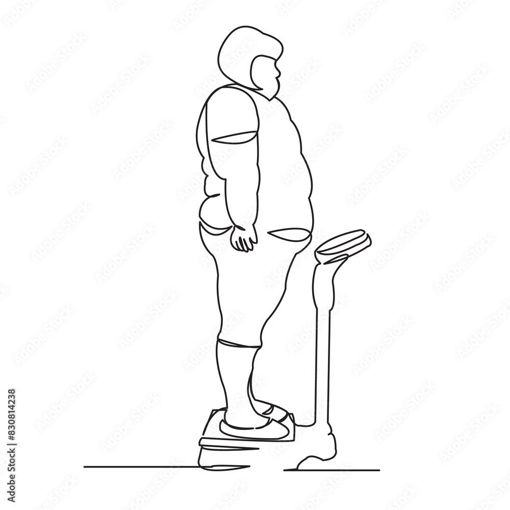 continuous single drawn one line fat woman weighed on scales hand-drawn ...