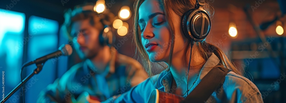 Using a headphone, a young couple streams live guitar music while ...