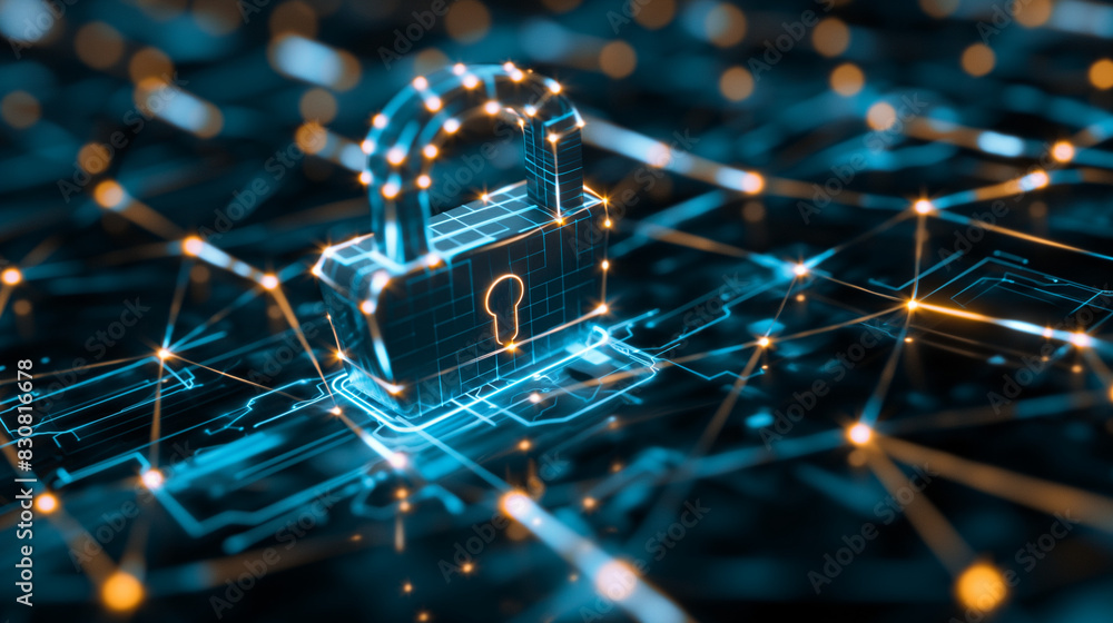 Padlock icon with interconnected digital lines and nodes representing ...