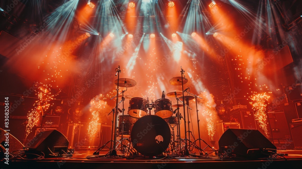An empty stage set with drums highlighted by dramatic red stage ...