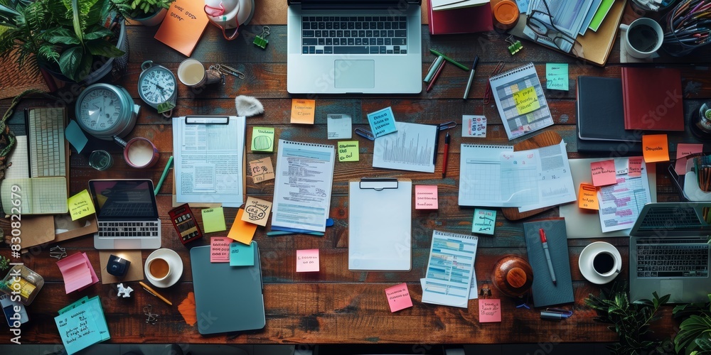 Cluttered desk with office supplies, coffee cups, and sticky notes ...