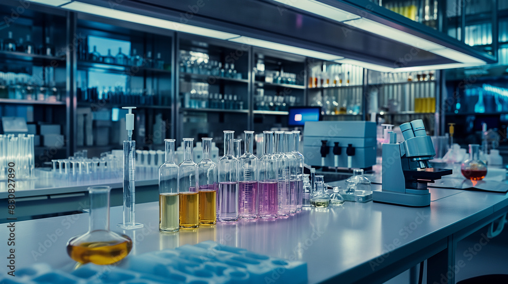 High-tech chemistry laboratory where scientists use syringes, test ...