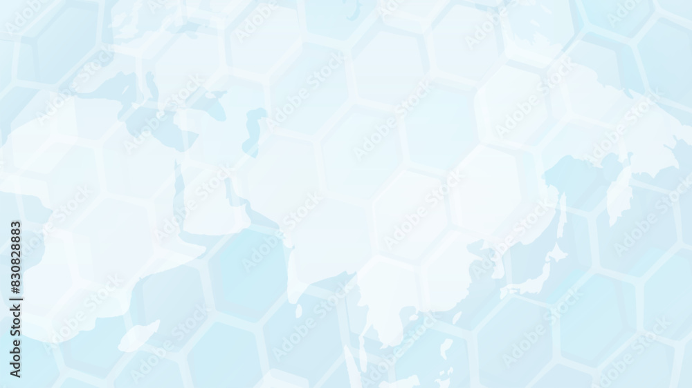 Map of the world on a hexagon background. Map light blue color, covered ...