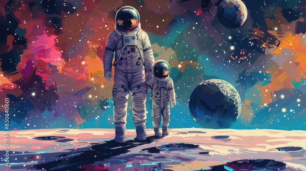 Astronaut Father and Child Explore the Wonders of the Cosmos in ...