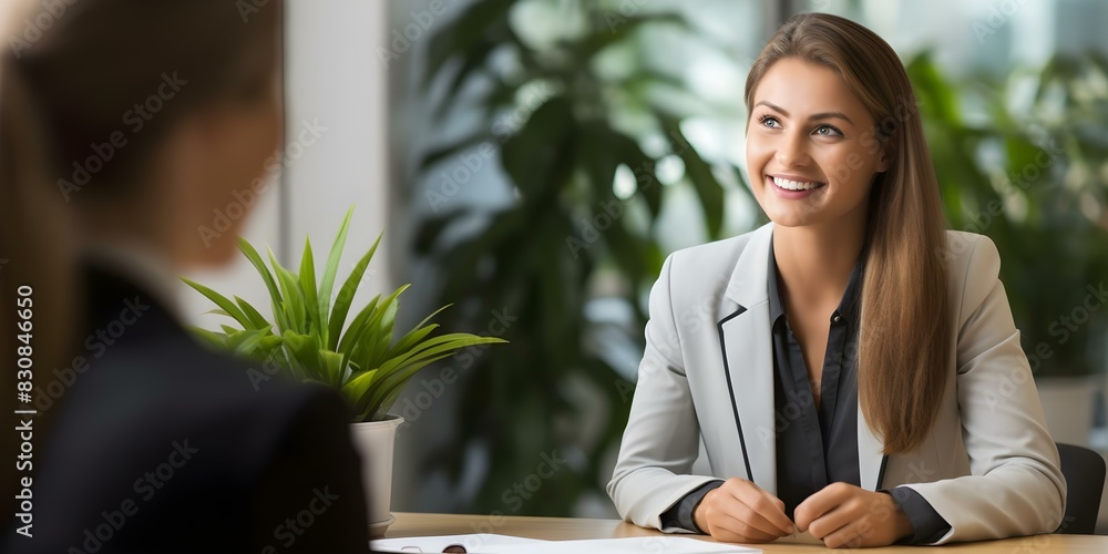 Woman manager interviewing job applicant in office setting. Concept Job ...