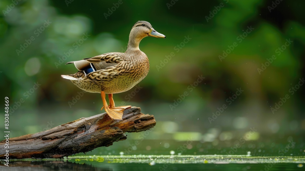 Duck with golden brown feathers balancing on a single leg on a floating ...
