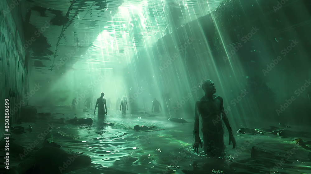 A surreal scene of zombies submerged underwater in a flooded urban area ...