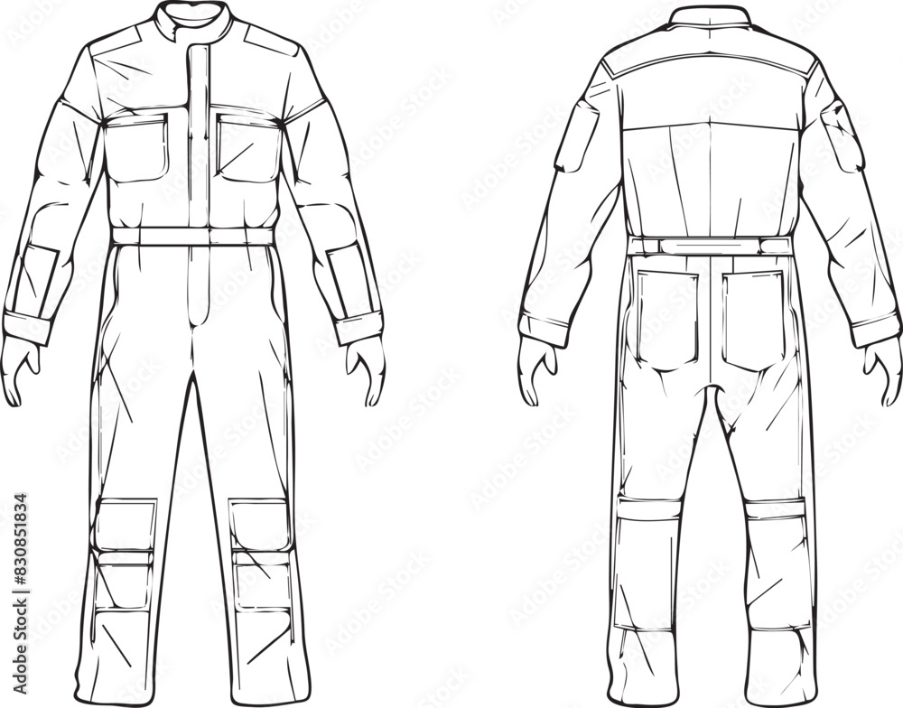 Mechanic Coveralls flat sketch fashion illustration front and back view ...