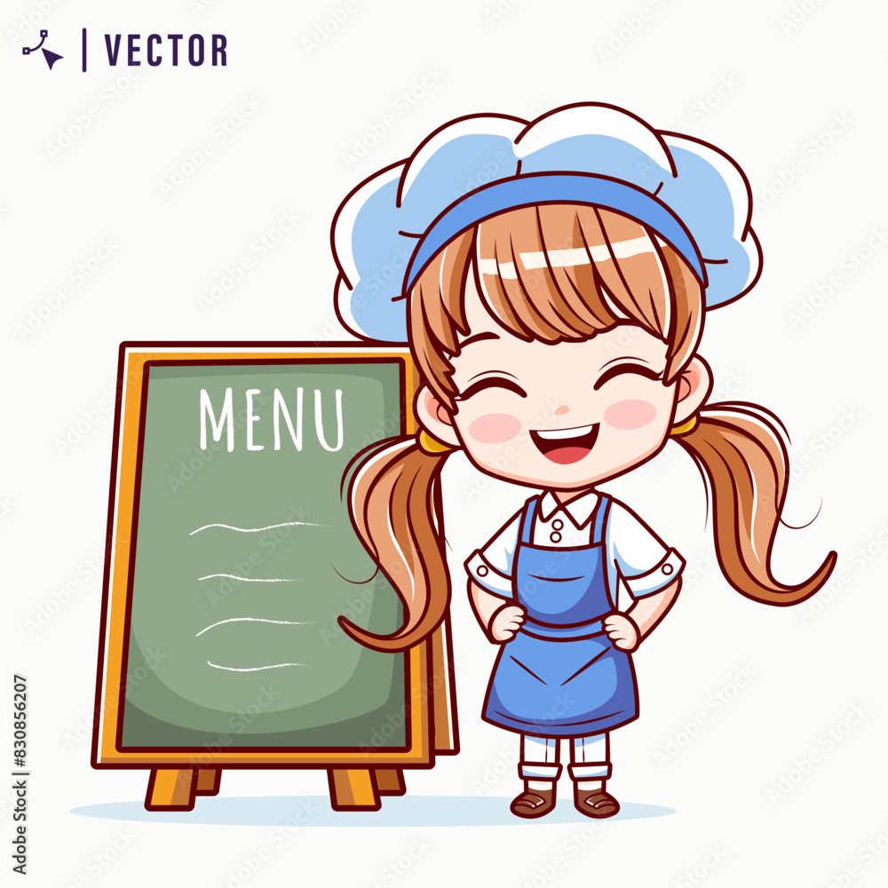 Kawaai Little Girl Chef Standing with Menuboard Vector Illustration ...