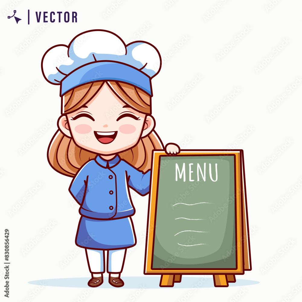 Kawaai Little Girl Chef Standing with Menuboard Vector Illustration ...