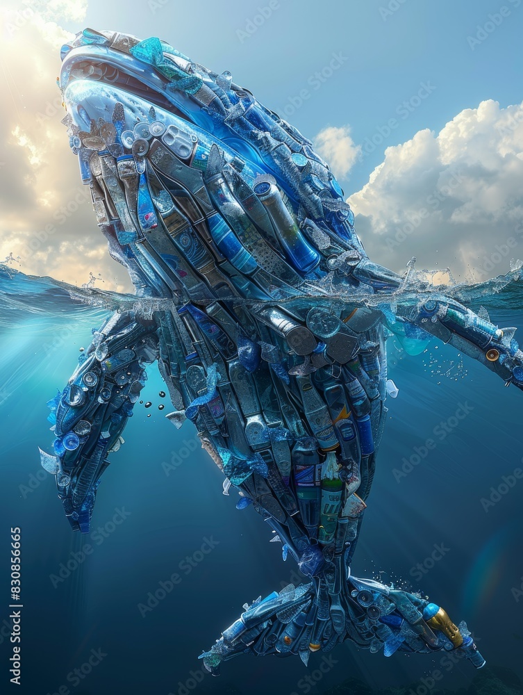 Whale formed from assortment of plastic debris, underwater setting ...