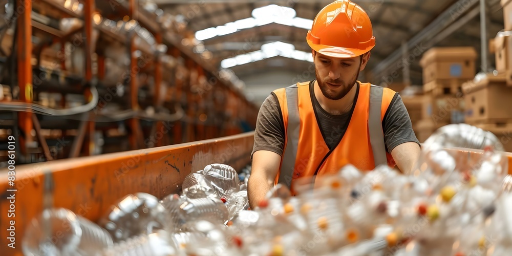 Employee sorting plastic waste on conveyor belt in recycling plant ...