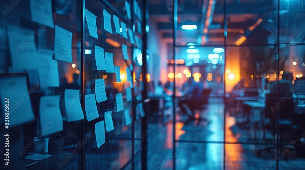 An office space is adorned with post-it notes on a glass wall ...