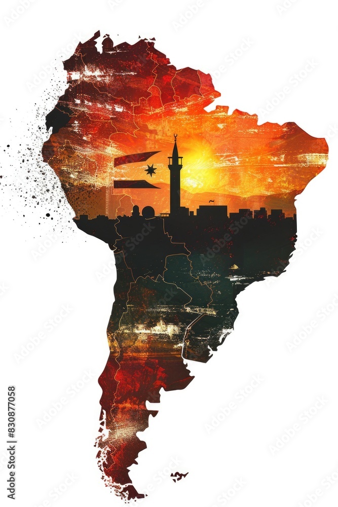 Aerial view of a plane flying over a map of South America. Perfect for ...