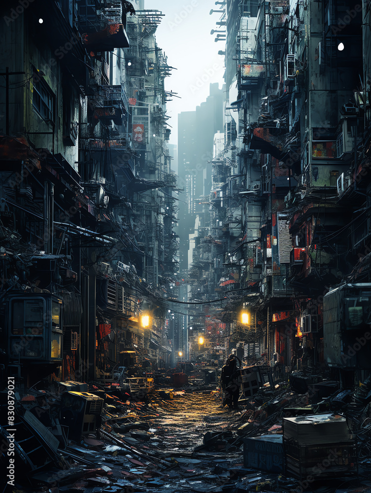 Capture a rear view of a dystopian cityscape in an impressionistic ...