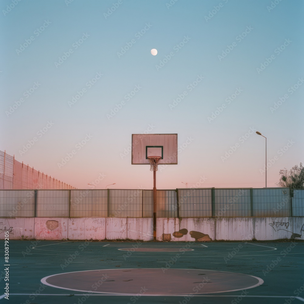 A photo of a basketball court with the moon right above the hoop. mm ...