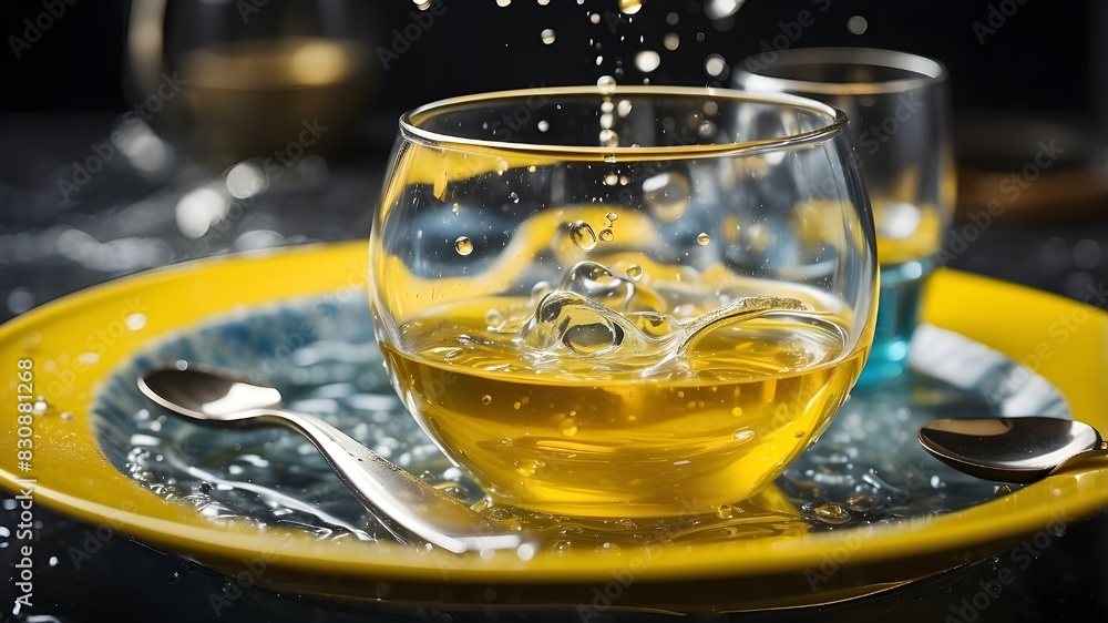 Cutlery and dishes submerged in bubbling water. A fork, spoons, mug ...