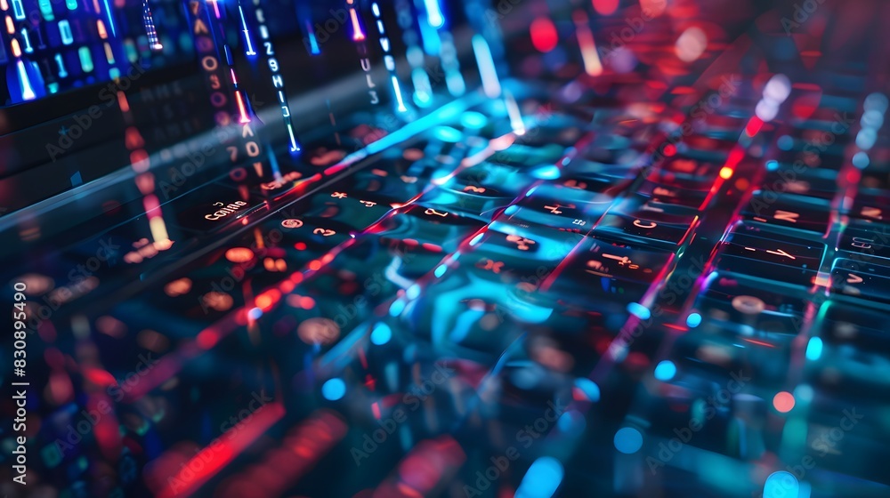 A computer keyboard with a colorful, abstract design. The keyboard is ...