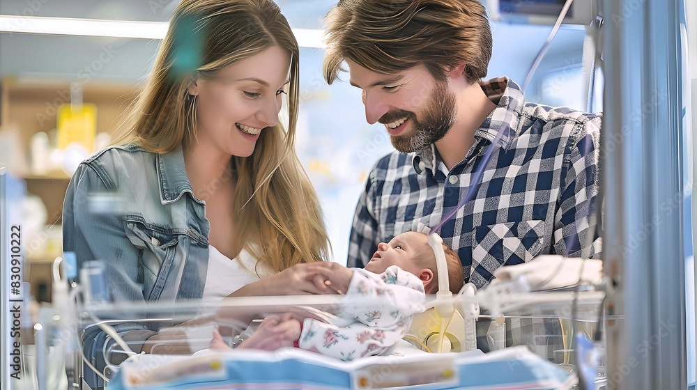 Joyful parents visiting their newborn baby in a neonatal unit ...