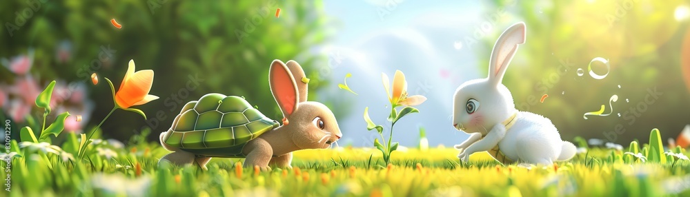 A vibrant scene of a cute bunny and turtle racing each other, detailed ...