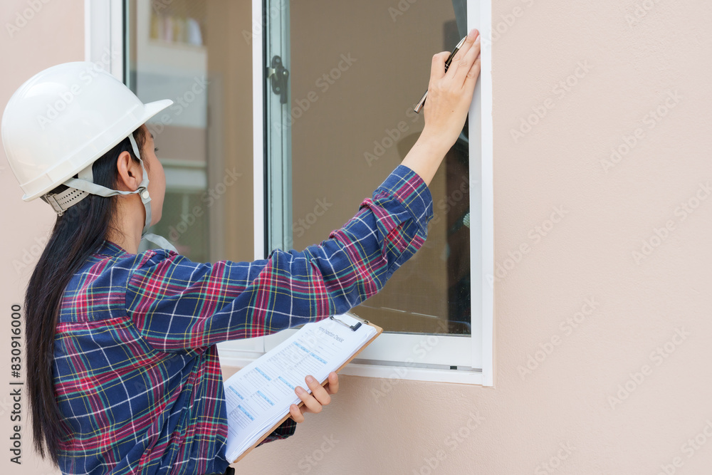 Female home inspector in white safety helmet examining window and ...