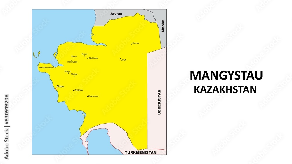 Mangystau Map. District map of Kazakhstan in color with Capital ...