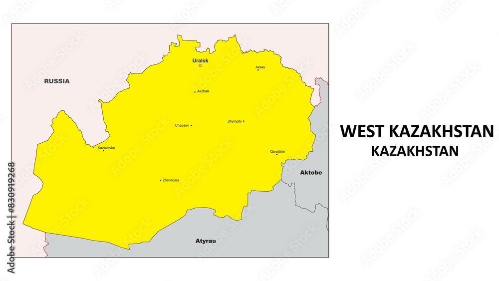 West Kazakhstan Map. District map of Kazakhstan in color with Capital ...