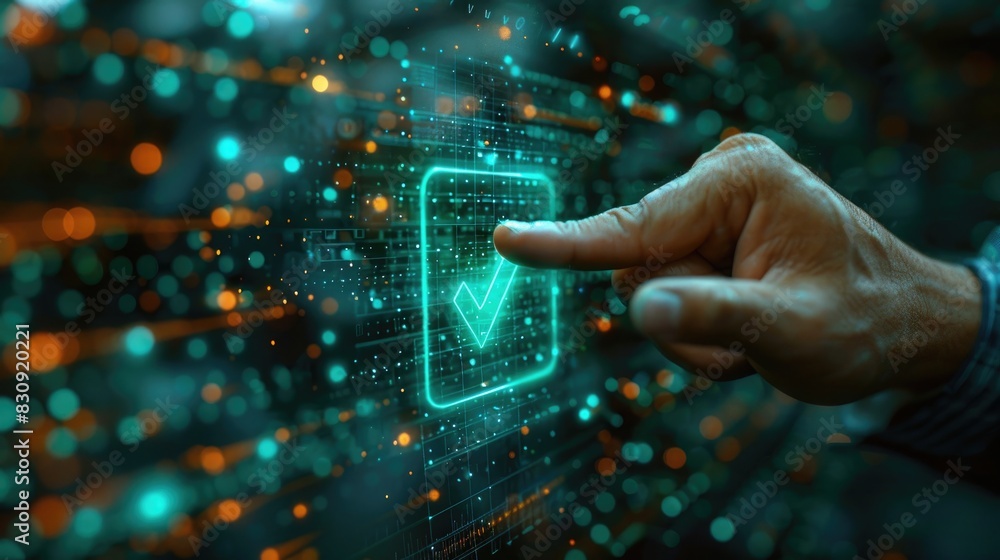 Business Compliance and Certification: Digital Hologram of Green Tick ...