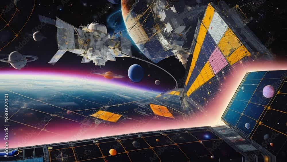 Animated transforming space control room with view of planets and ...