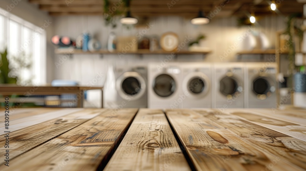 Design background with a vacant table in a laundry room with blur Stock ...