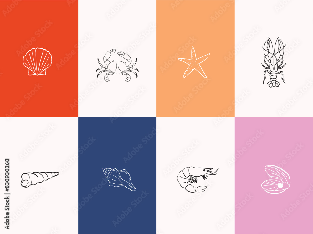 Minimalist Dolce Vita Sea life line art sketch vector illustration set ...