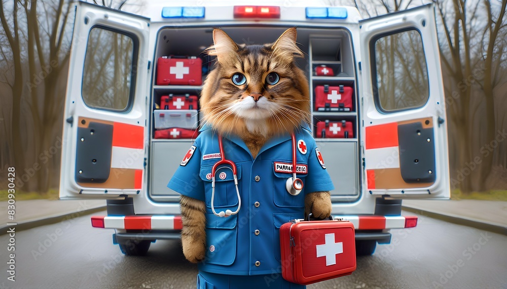 tabby cat dressed as an Emergency Medical Technician (EMT) stands in ...
