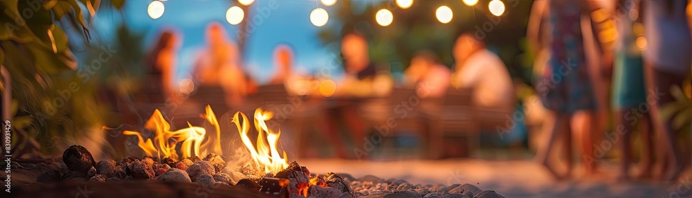 Outdoor evening gathering around a fire pit with friends enjoying food ...