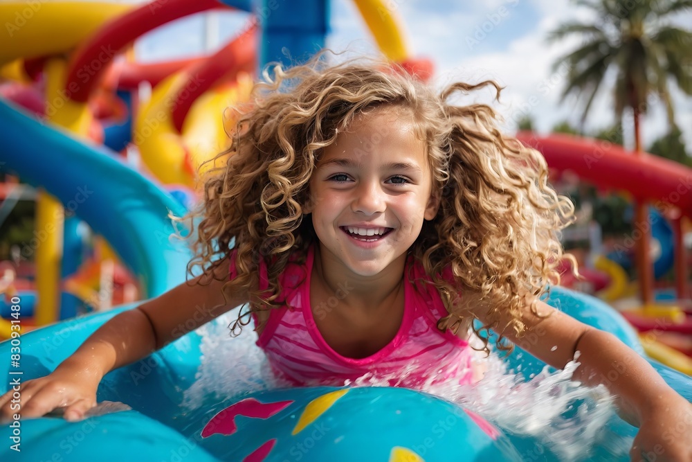 Happy curly-haired girl in swimwear slides down a water slide at an aquapark resort, splashing ...