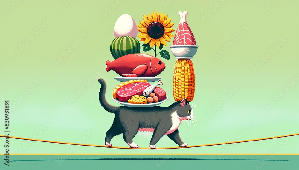cartoon cat walks on a tightrope, balancing a variety of food items on ...